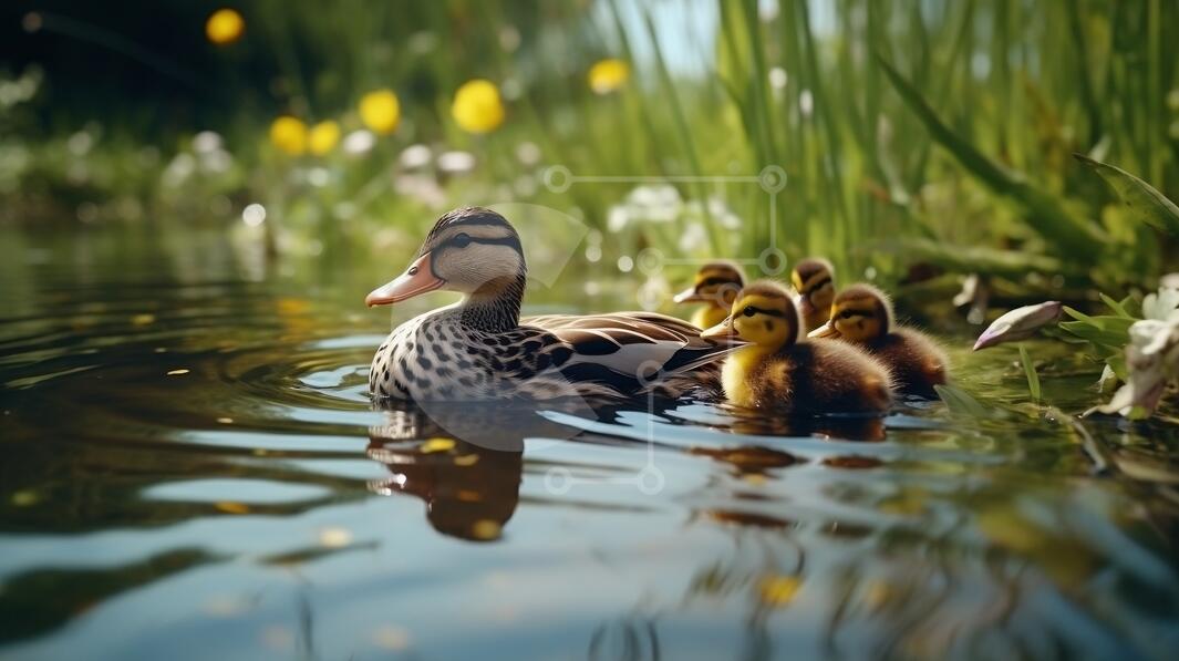 Mother Duck and Ducklings Swimming in a Clear Pond stock photo ...
