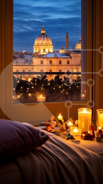 Romantic Bedroom with City View stock photo | Creative Fabrica