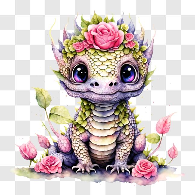 Download Cute Dragon with Pink Roses PNGs Online - Creative Fabrica