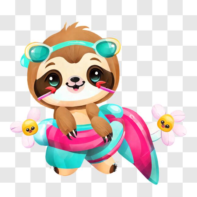 Download Cute Sloth Wearing Swim Goggles and Holding an Inflatable Pool ...