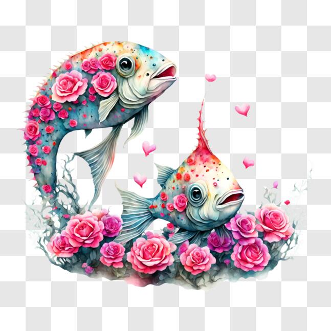 Download Two Fish in Love Surrounded by Pink Roses and Flowers PNGs ...