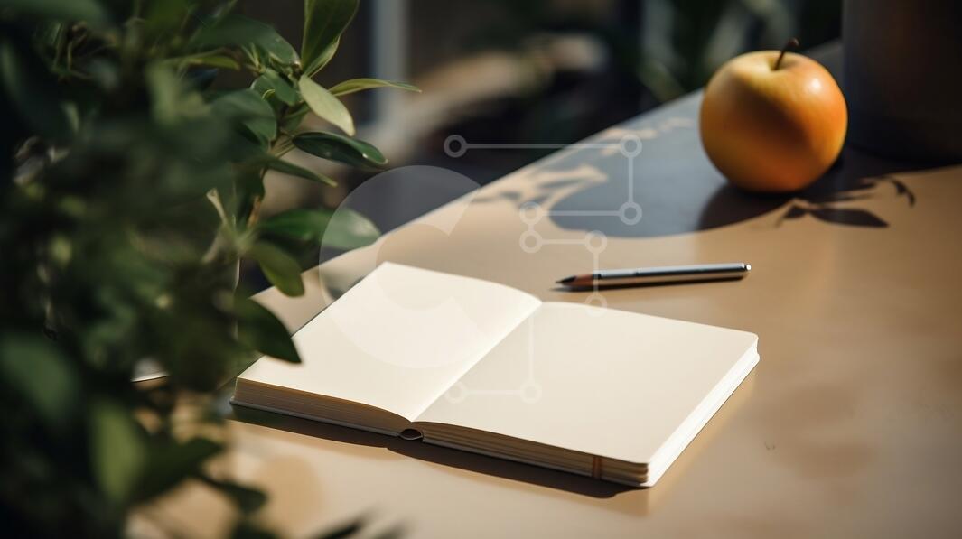 Open Notebook and Apple on Desk stock photo | Creative Fabrica