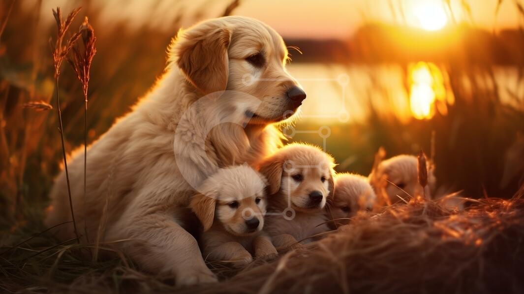 Golden Retriever Dog with Puppies at Sunset stock photo | Creative Fabrica