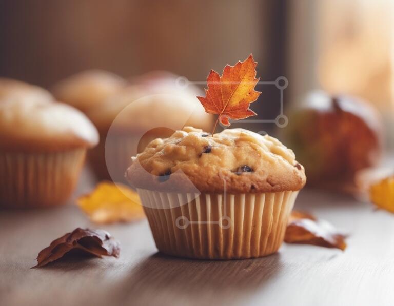 Delicious Autumn Muffin on a Leaf stock photo | Creative Fabrica
