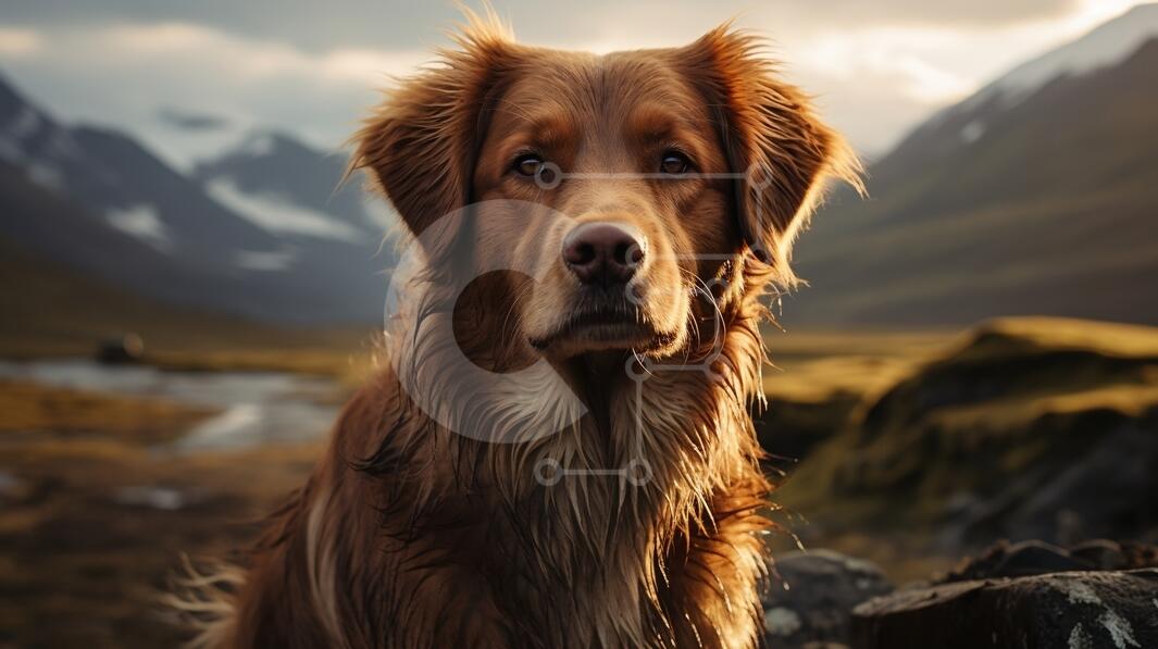 Brown Dog Barking or Howling at Sunset with Mountains stock photo ...