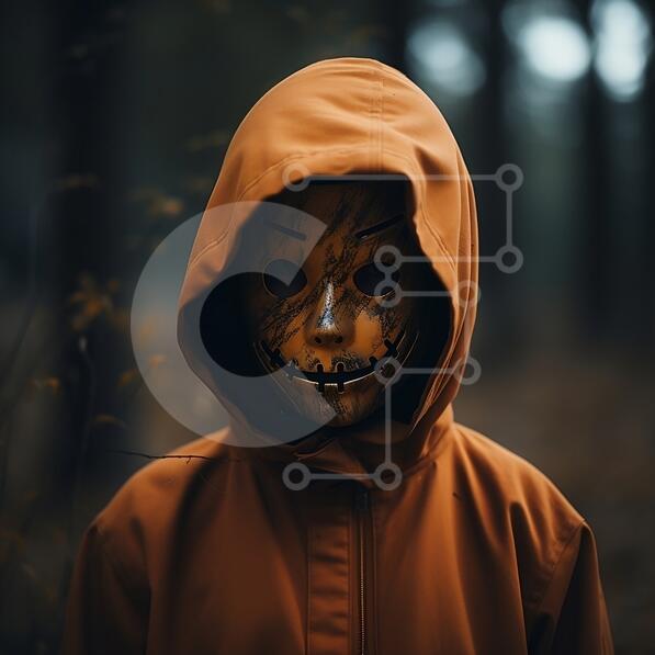Creepy Masked Person in Wooded Area stock photo | Creative Fabrica