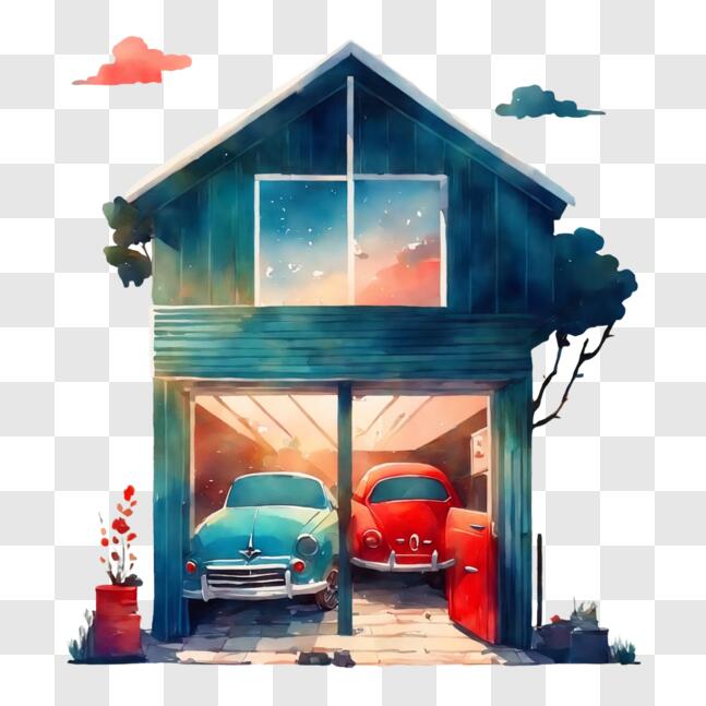 Download Blue Car Garage with Two Parked Cars PNGs Online - Creative ...