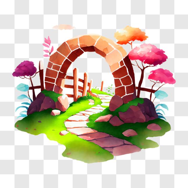 Download Pad in het bos met stenen boog PNG online op Creative Fabrica