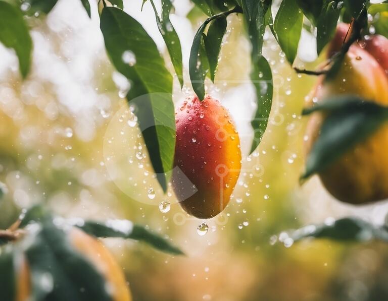 Tropical Mango Tree with Water Droplets stock photo | Creative Fabrica