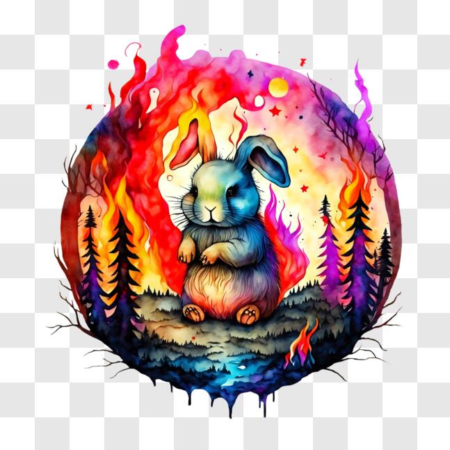 Download Bunny Sitting in an Open Field Surrounded by Fire and Flames ...