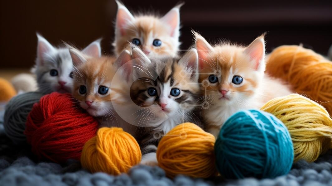 Adorable Kittens Playing with Colorful Yarn Balls stock photo | Creative Fabrica