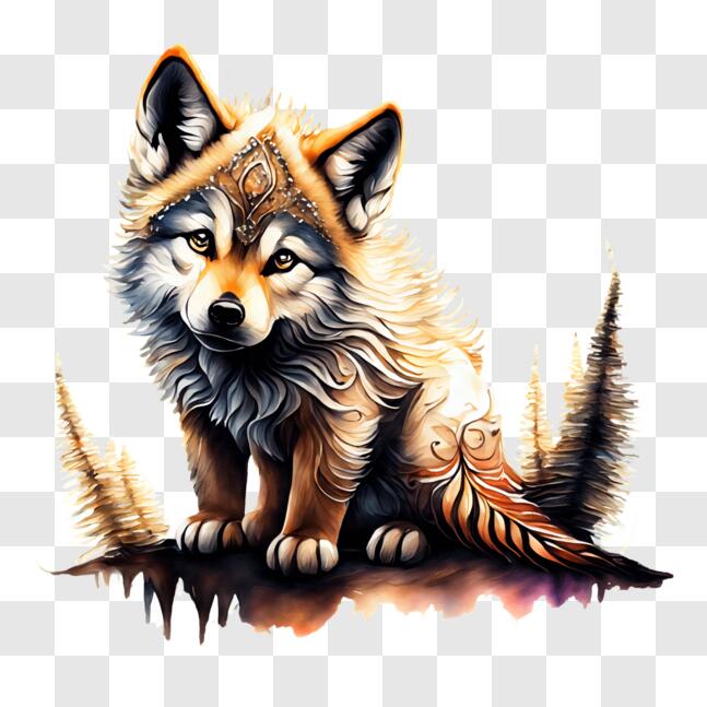 Download Cute wolf cub sitting on a rock in a mystical forest PNGs ...