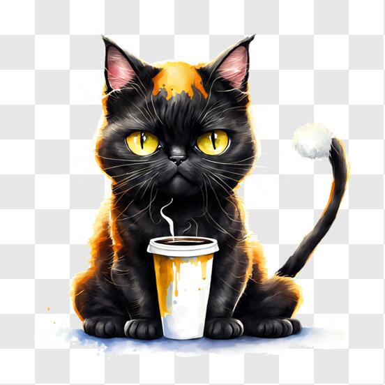 Download Black Cat with Yellow Beanie and Coffee Cup PNGs Online ...