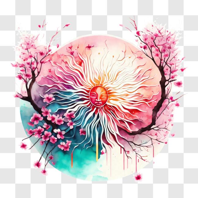 Download Whimsical Tree with Pink Blossoms and Smiling Sun Artwork PNG ...