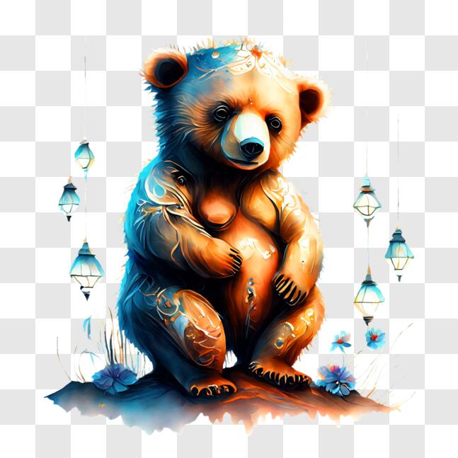 Download Contented Brown Bear Surrounded by Lanterns PNG Online ...