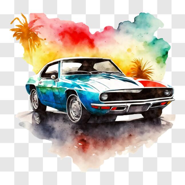 Download Watercolor Painting of Vintage Car and Palm Trees PNGs Online ...