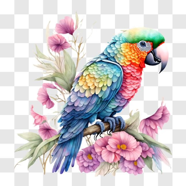 Download Colorful Parrot Perched on Branch of Flowers PNGs Online ...