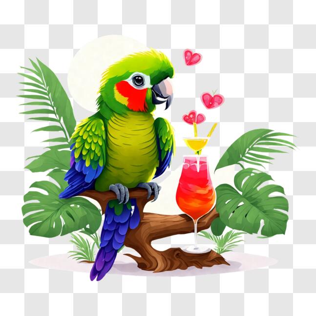 Download Colorful Parrot Drinking Cocktail on Palm Tree Branch PNGs ...