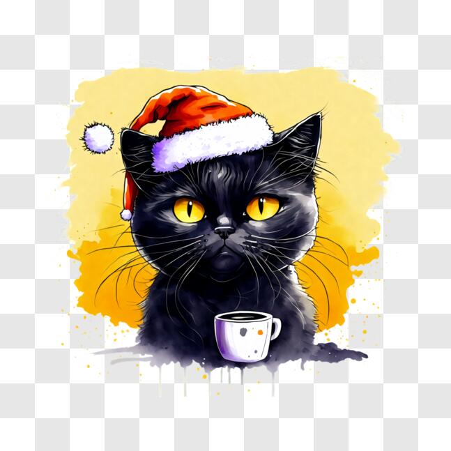 Descarga Gato negro con sombrero de Santa tomando café PNGs En Línea ...