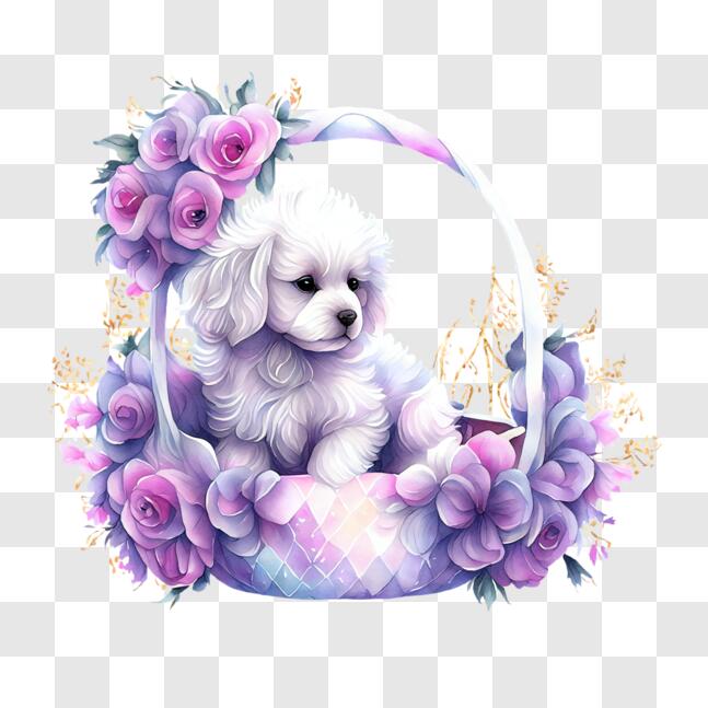 Download White Puppy in Basket of Purple Flowers PNGs Online - Creative ...