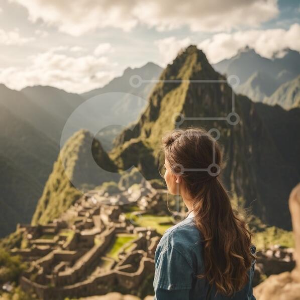 Woman admiring the breathtaking view of Machu Picchu stock photo ...