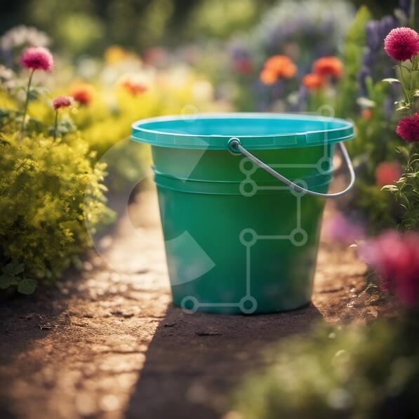 Vibrant Garden with Green Bucket and Colorful Flowers stock photo ...