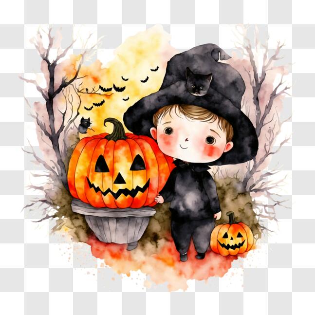 Download Adorable Halloween Boy with Pumpkins and Birds PNGs Online ...