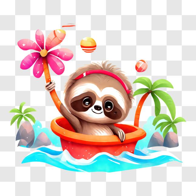 Download Cute Sloth in Inflatable Tub with Flowers and Palm Trees PNGs ...