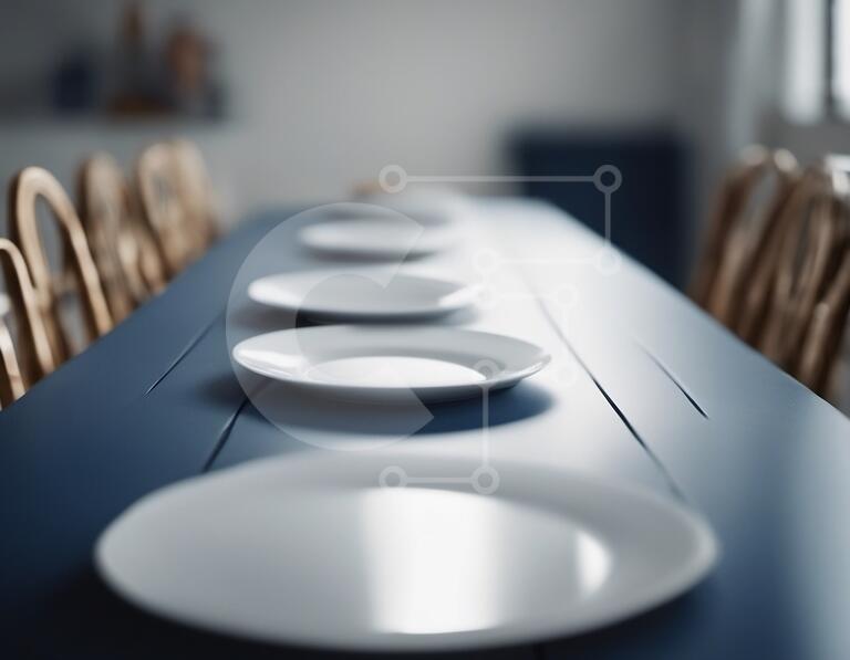 Table à manger vide avec assiettes blanches photo stock | Creative Fabrica