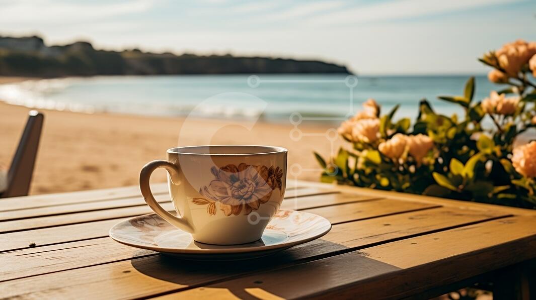 Coffee Break by the Beach stock photo | Creative Fabrica