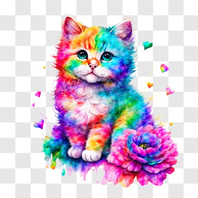 Download Colorful Kitten on Flowers with Love and Kitty Written PNGs ...