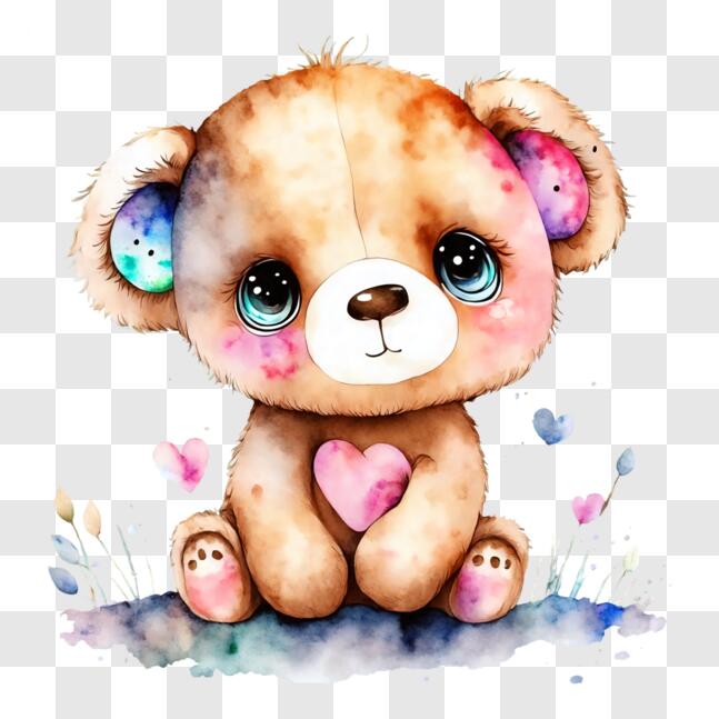 Download Cute Teddy Bear Sitting on Grass with Flowers and Heart ...
