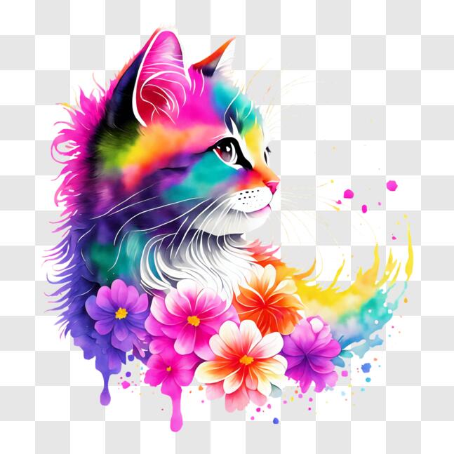 Download Colorful Cat with Flowers Painting PNGs Online - Creative Fabrica