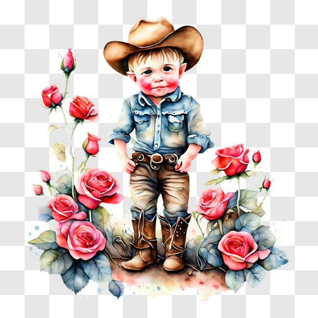 Download Young Boy in Cowboy Boots Among Roses and Flowers PNGs Online ...