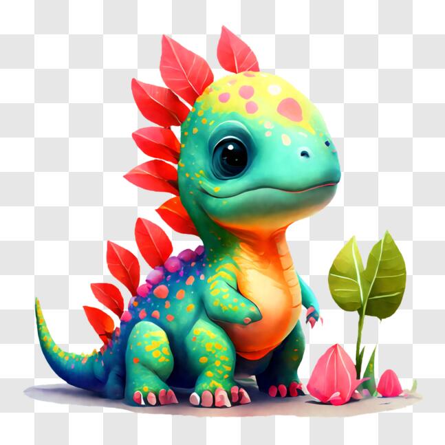 Download Colorful Baby Dinosaur Sitting Next to Plants and Flowers PNGs ...