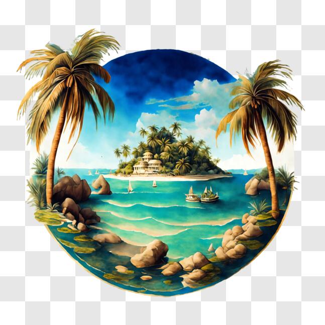 Download Beautiful Island Painting with Palm Trees and Boats PNGs ...