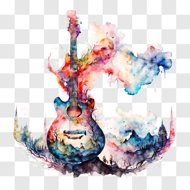 Download Abstract Watercolor Guitar with Trees and Mountains Background ...