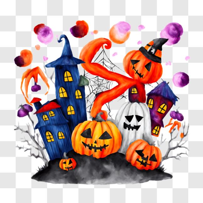 Download Haunted House with Pumpkins and Ghosts PNGs Online - Creative ...