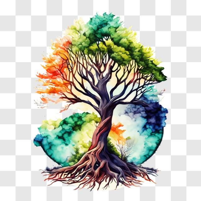 Download Vibrant Tree with Multi-Colored Leaves and Strong Roots PNGs ...