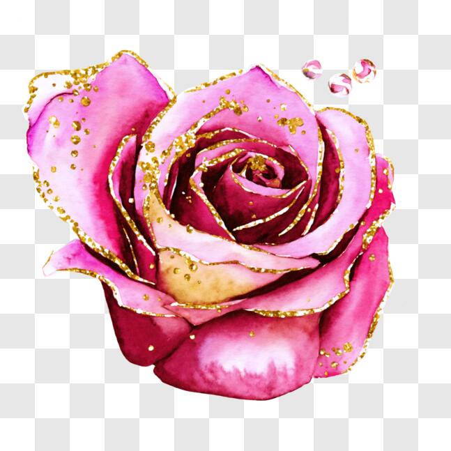 Download Elegant Pink Rose Painting with Gold Glitter PNG Online ...