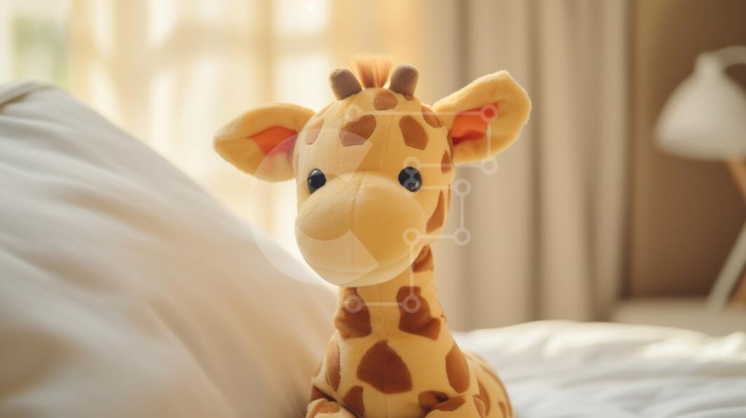 Stuffed Giraffe on Bed with Open Window stock photo | Creative Fabrica
