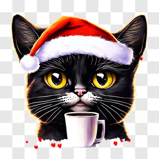 Descarga Gato negro con sombrero de Santa Claus y taza de café PNGs En ...