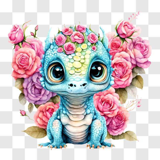 Download Blue Dragon with Pink Roses Illustration PNGs Online ...