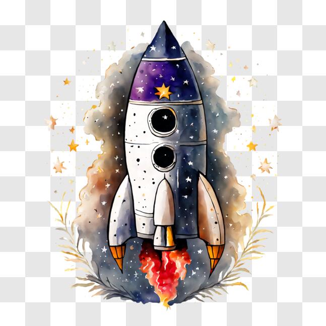 Télécharger Fusée à l'aquarelle volant dans l'espace avec des étoiles ...