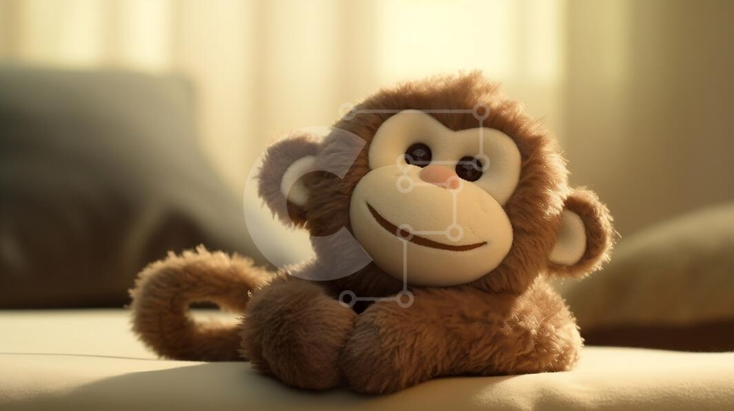 Adorable Brown Monkey Stuffed Animal Smiling on Bed stock photo ...