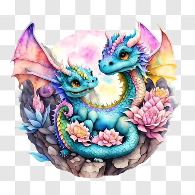 Download Artistic Illustration of Two Dragons on a Lotus Flower in the ...
