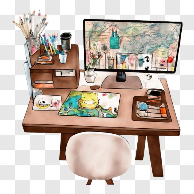 Download Artist's Desk with Art Supplies and Computer Monitor PNGs ...