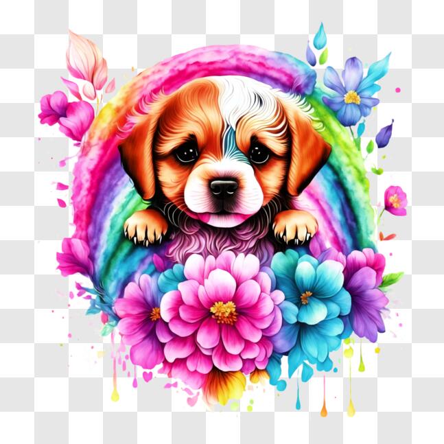 Download Abstract Art: Dog Amongst Colorful Flowers and Rainbows PNGs ...