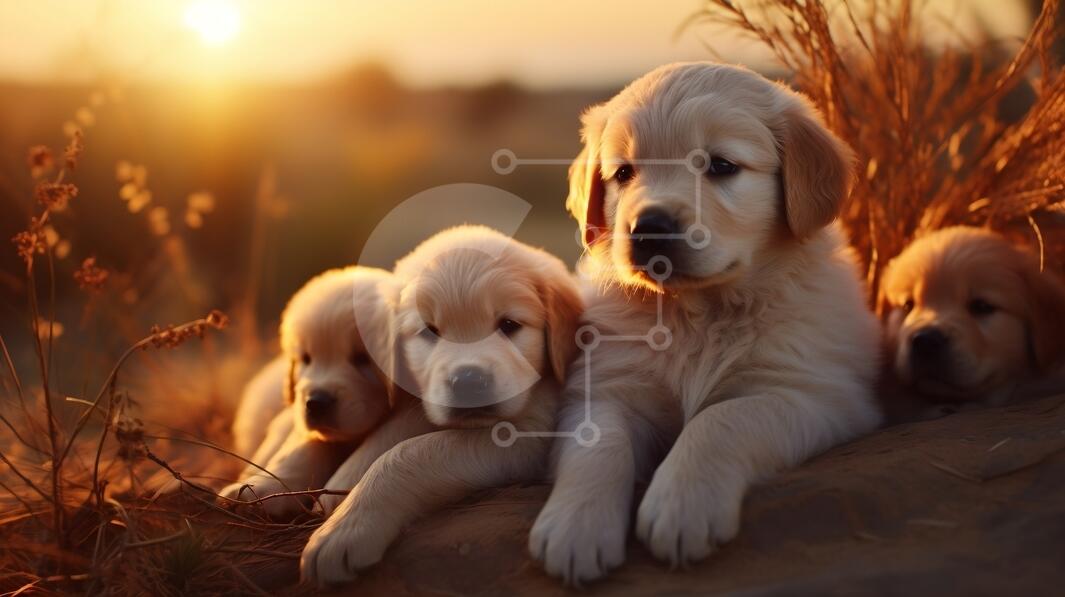 Golden Retriever Puppy Trio at Sunset stock photo | Creative Fabrica