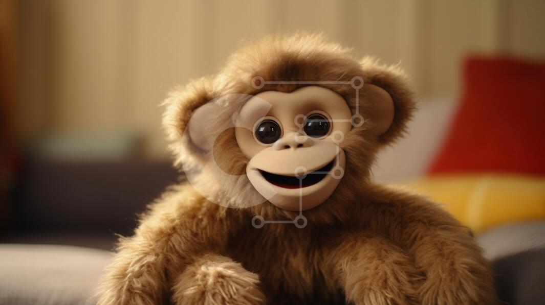 Happy Stuffed Monkey on a Couch stock photo | Creative Fabrica